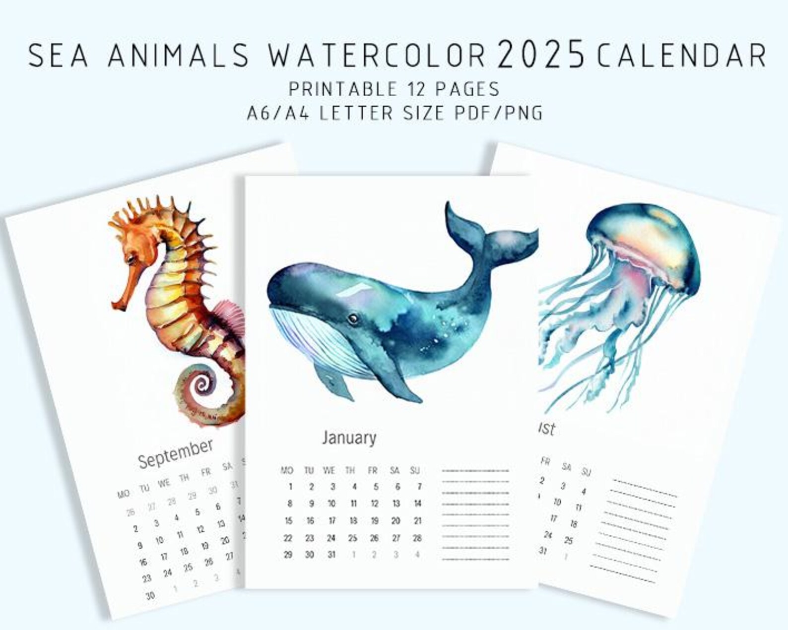 2025 Calendar Printable, 2025 Calendar Printable, Sea Animals Calendar ...