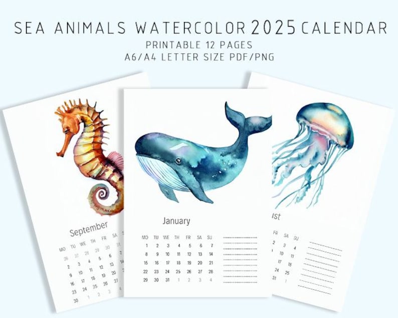 2025 Calendar Printable, 2025 Calendar Printable, Sea Animals Calendar ...