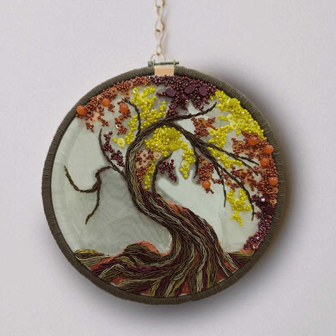 Handmade 2D & 3D Embellished Tree Art – 10x10 Inch Beaded Nature Tree ...