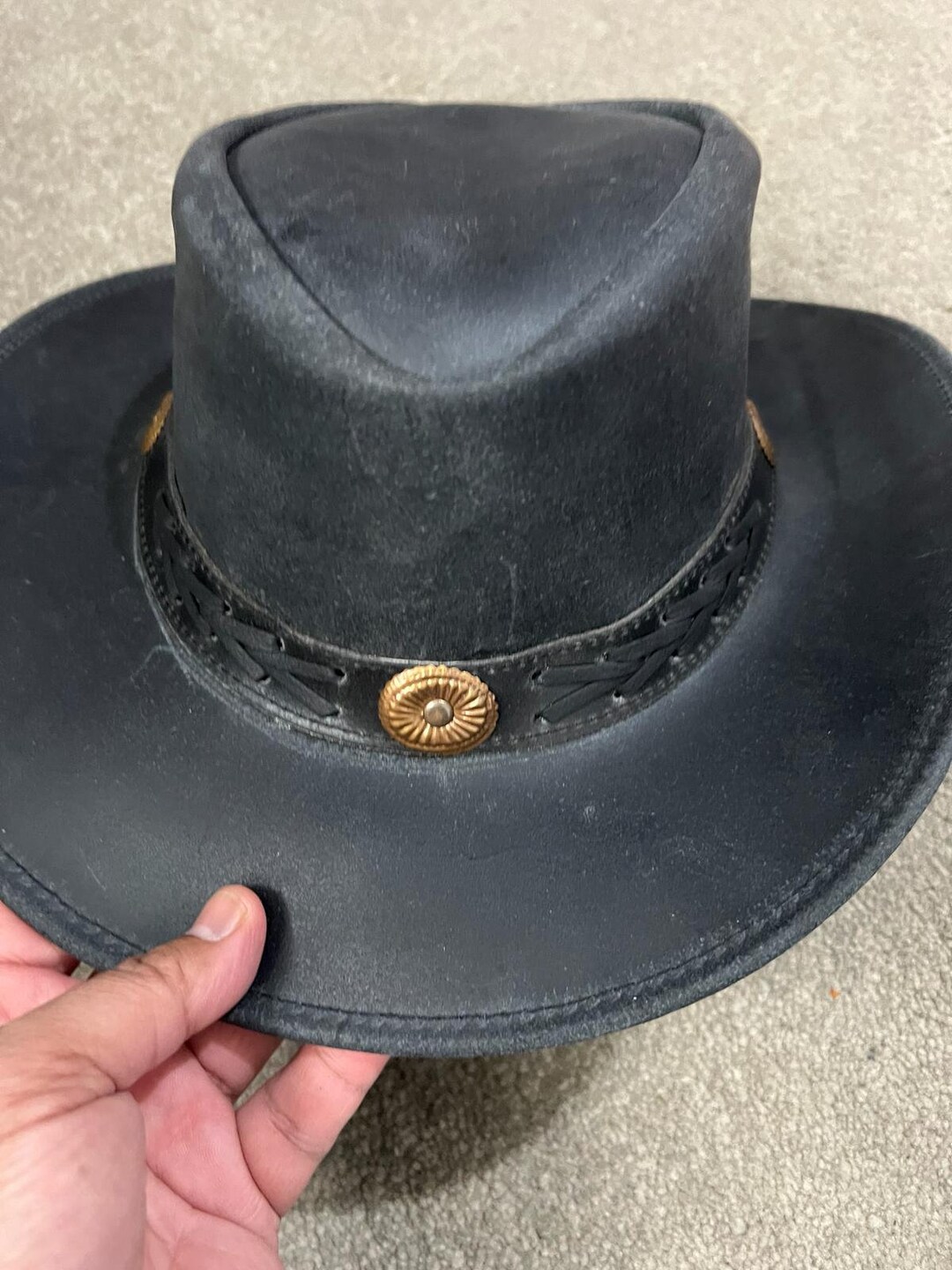 Cowboy Hat Real Leather Black Western Style Crazy Vintage Traditional ...