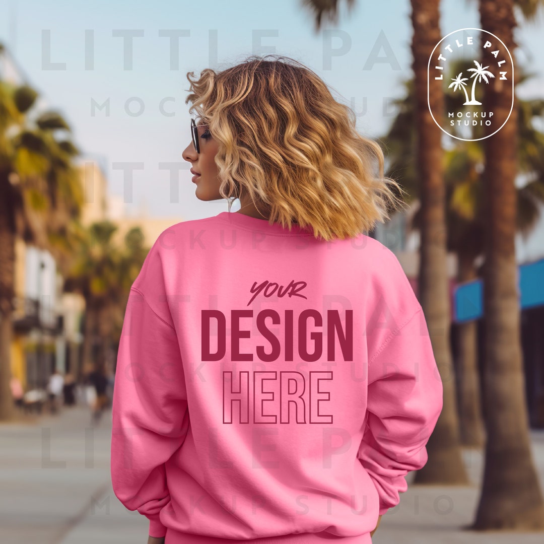 Safety Pink Gildan 18000 Back Mockup | Gildan Back Mockup | Back View ...