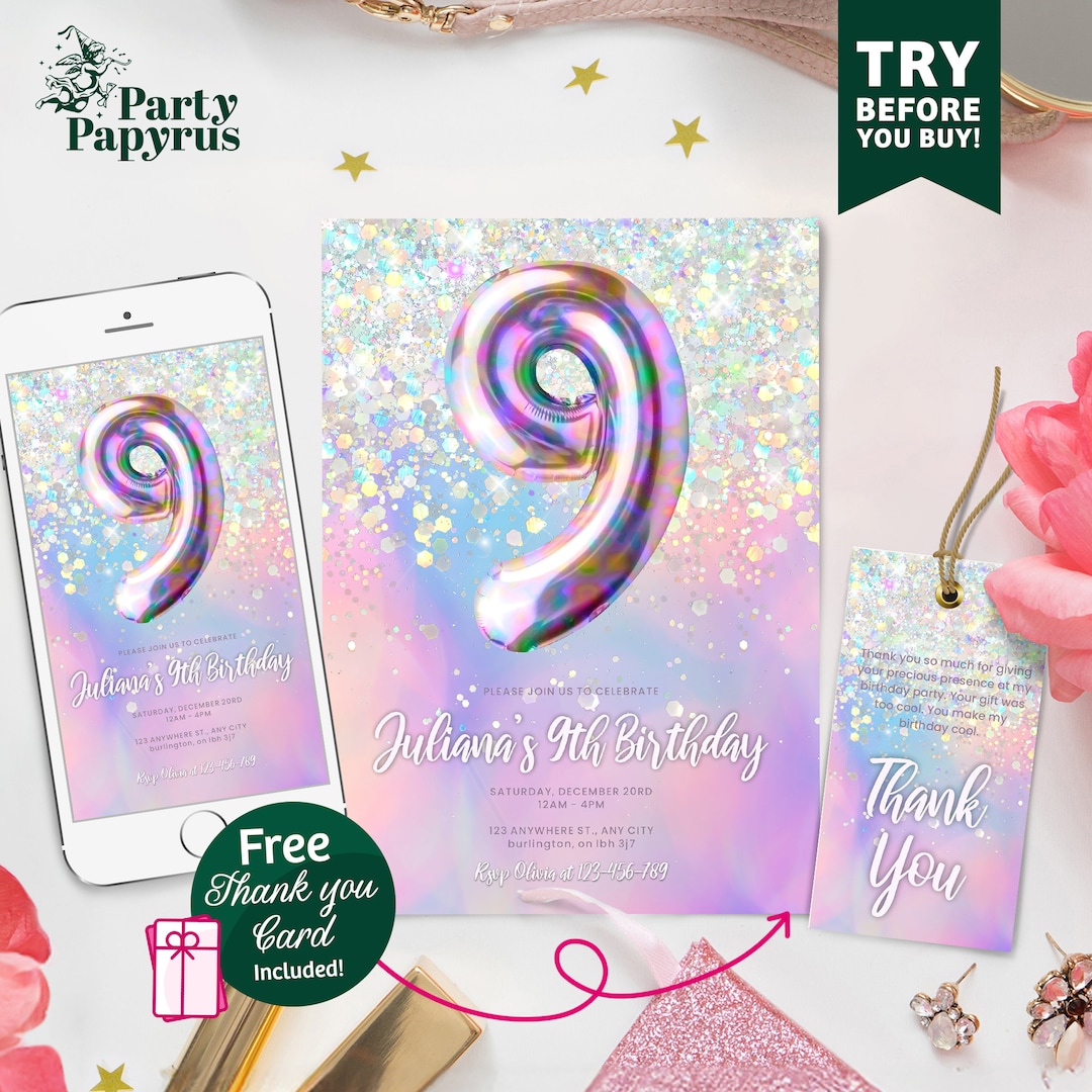Editable 9th Birthday Invitation Template Rainbow Foil Pastel Girl ...