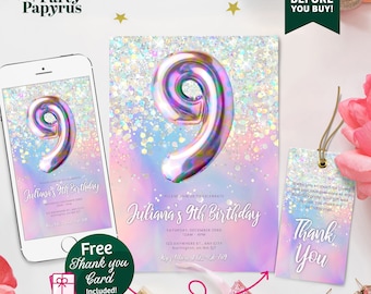Editable 9th Birthday Invitation Template Rainbow Glitter Birthday ...