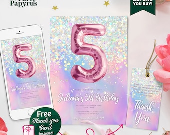 Editable Pink 5th Birthday Invitation Template Glitter Birthday Party Invite Rainbow Foil Girl ...