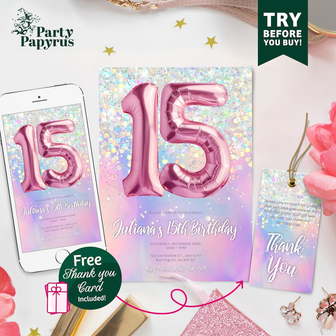 Editable Pink 15th Birthday Invitation Template Glitter Birthday Party Invite Foil Girl ...