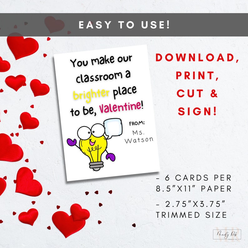 Printable Lightbulb Valentines Day Cards From Teacher Classroom ...