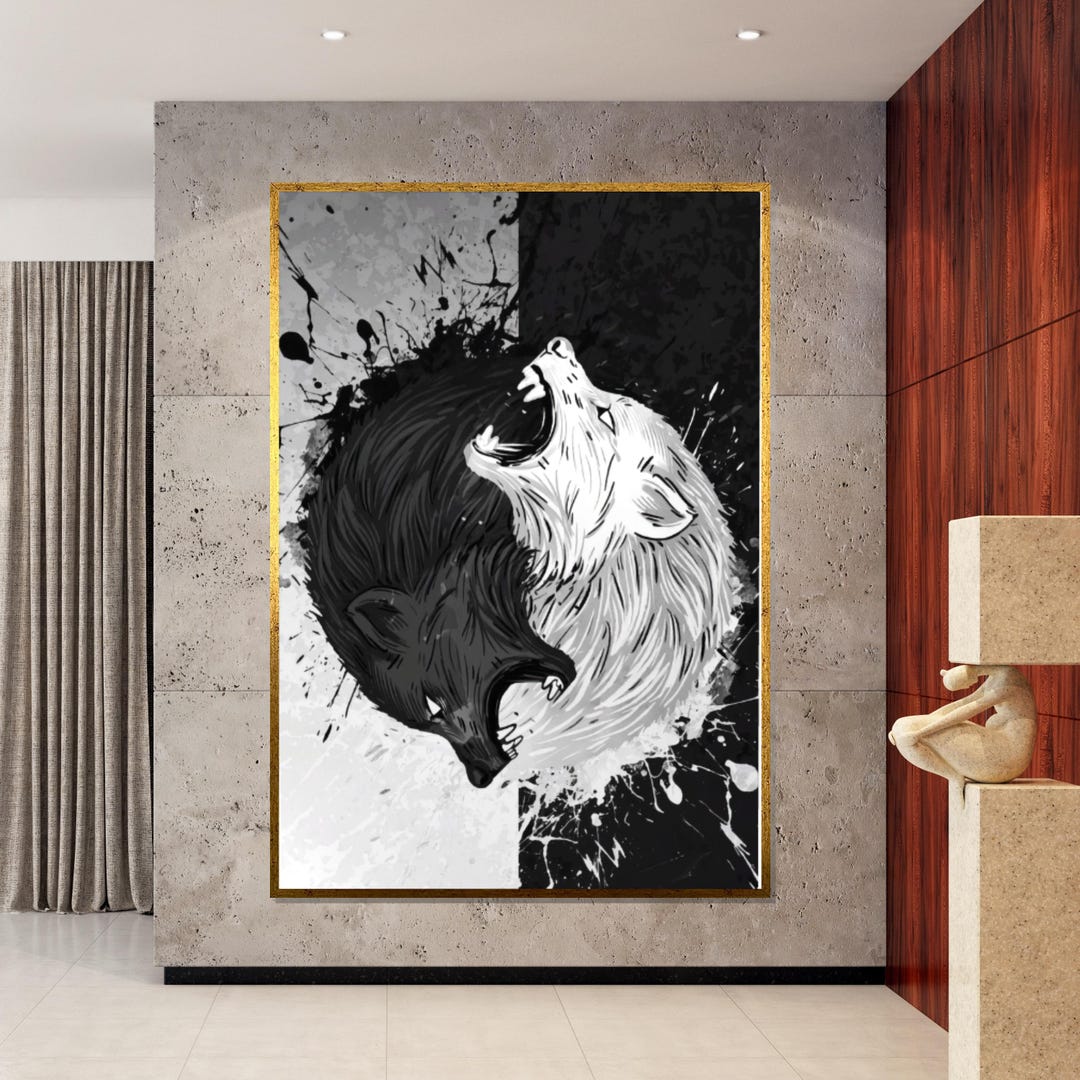 Yin Yang Wolves Canvas, Black White Wolf Canvas, Animal Wall Art, Wolf ...