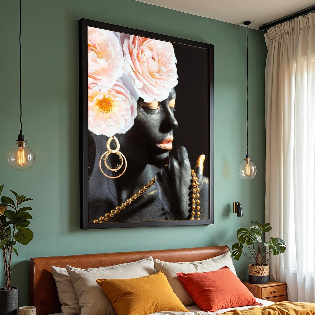 Elegant Rose Adorned Woman Canvas, Floral Art, Gold Accents, Wall Art ...