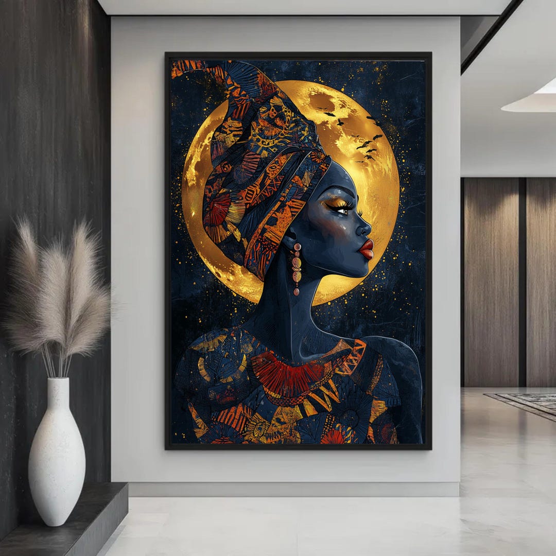 African Queen Portrait Canvas: Golden Moon Tribal Headwrap Art - Etsy
