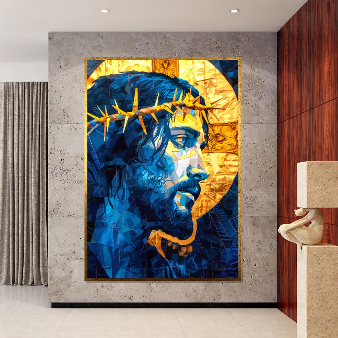 Abstract Savior Canvas, Blue and Gold Religious Art, Spiritual Wall Art ...