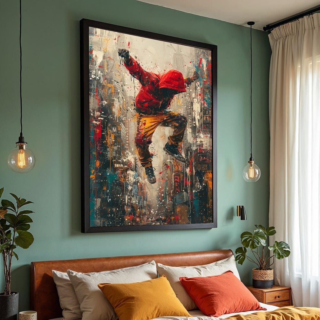 Urban Jumper Canvas, City Life Street Art, Dynamic Red Hoodie Graffiti ...