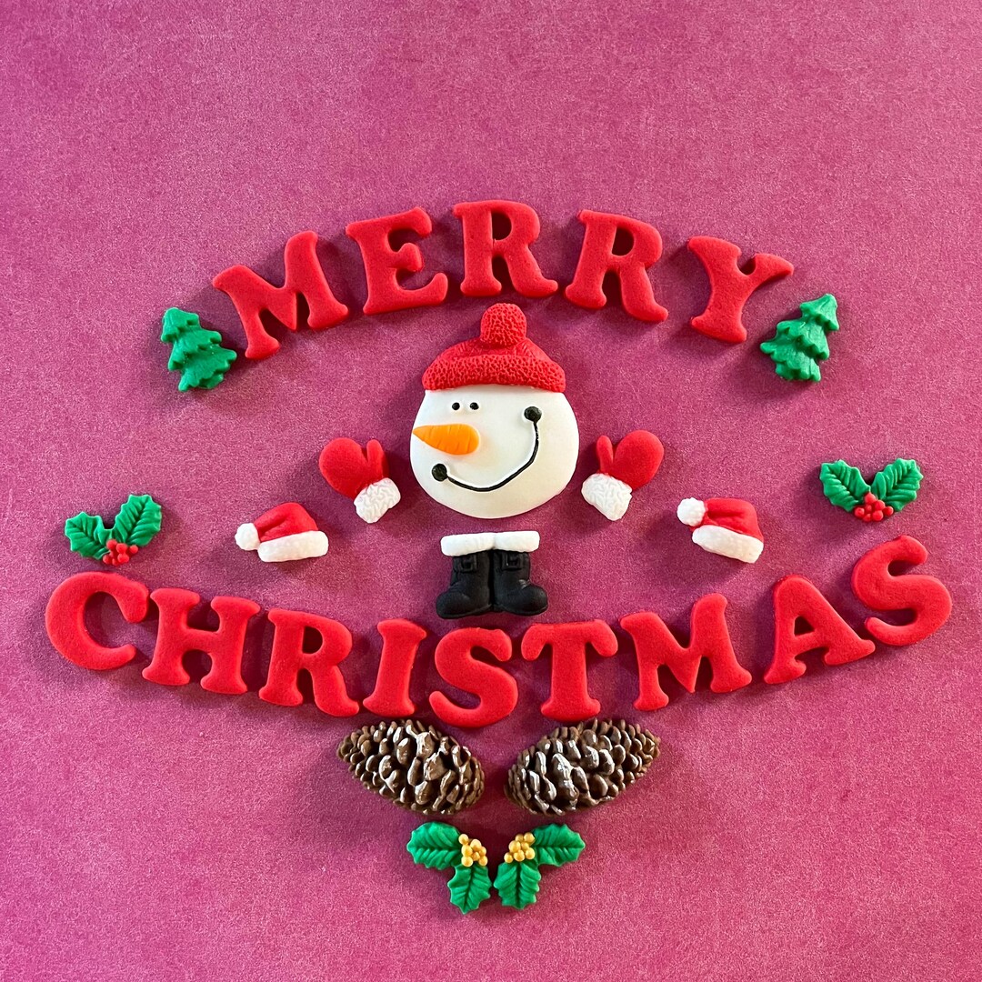 Edible Fondant SNOWMAN FACE Set With Merry Christmas Letters and Holly ...
