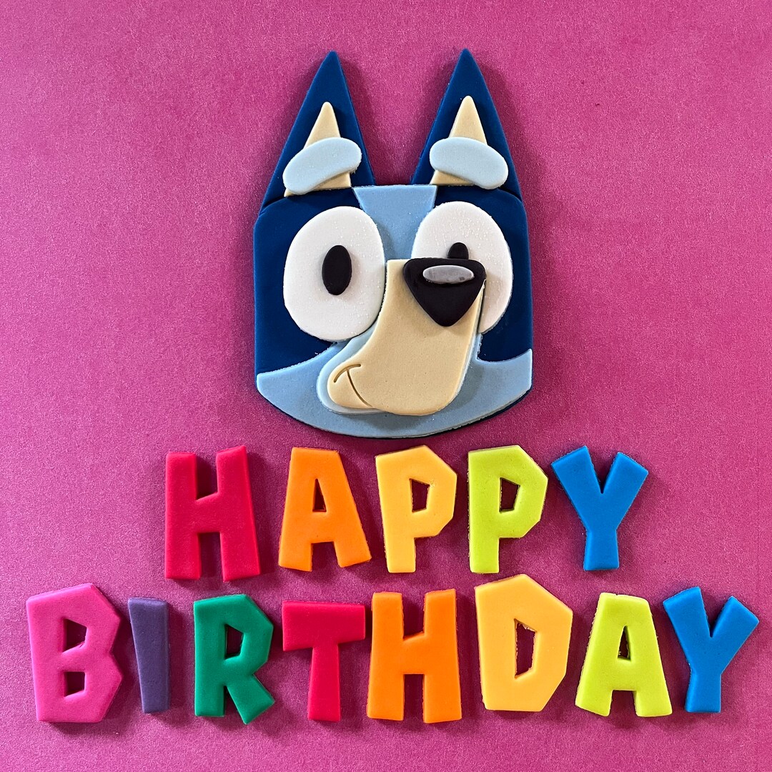 Edible BLUE DOG Face With Rainbow Letters Cake Decorations Fondant ...