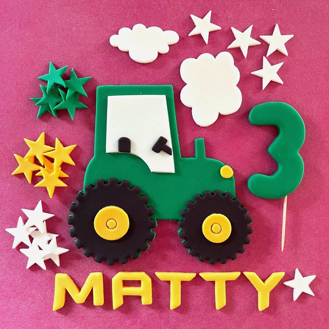 Edible Green Tractor Set Fondant Cake Topper Set, Name, Age, Stars ...