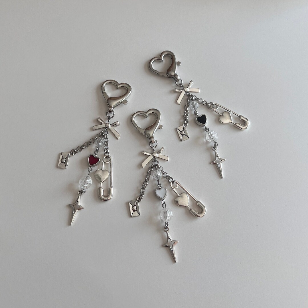 Silver Staple Heart Dangle Keychain, Luxury Beaded Pearls Bow Charm ...