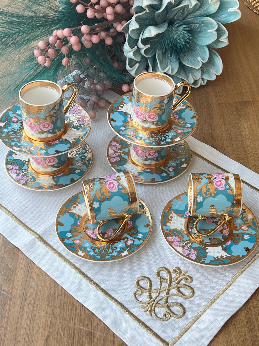 Turkish Coffee Cup Set 24K Gold Mihri 6 People 12 Pieces Porcelain ...