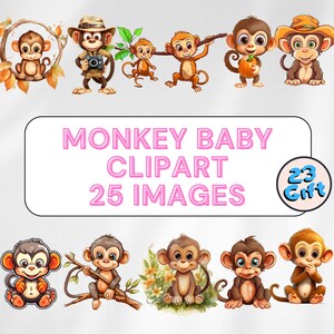 Monkey Watercolor Clipart, Cute Monkey Baby Shower Graphics, Monkey ...