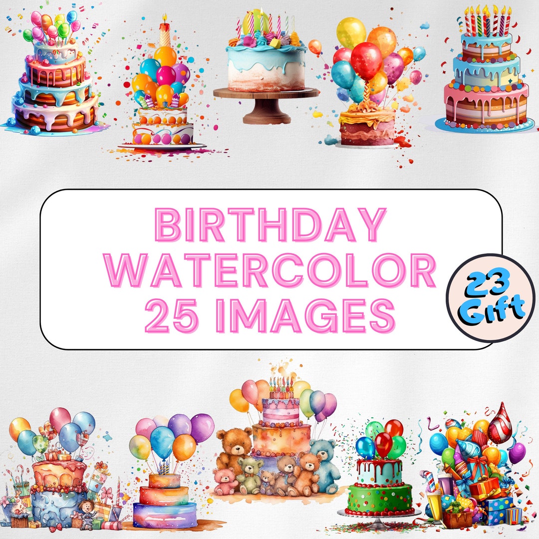 Watercolor Birthday Party Cake, Present Balloons Clipart, Watercolor ...