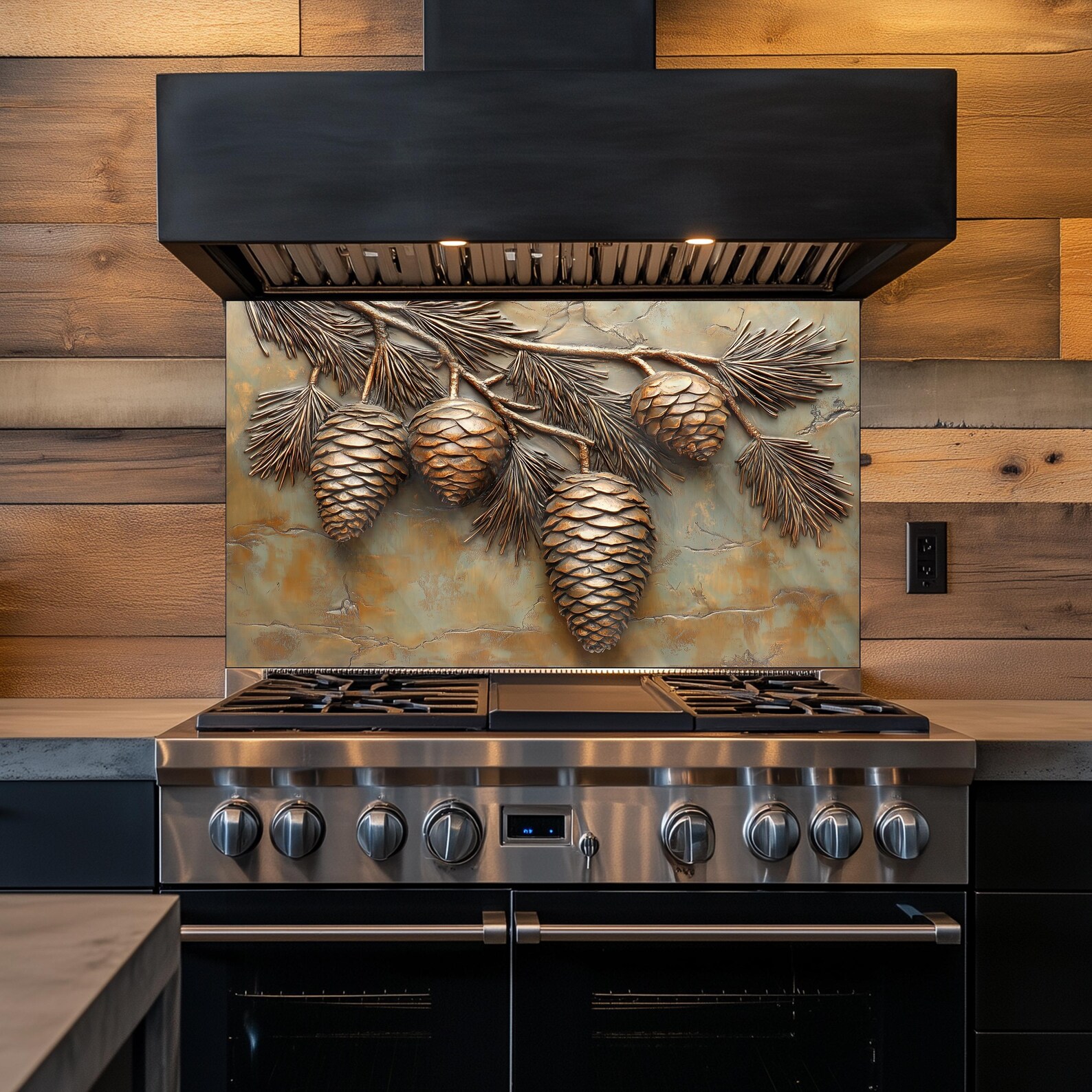 Pine Cones Design Kitchen Backsplash, Tempered Glass Backsplash, Copper ...