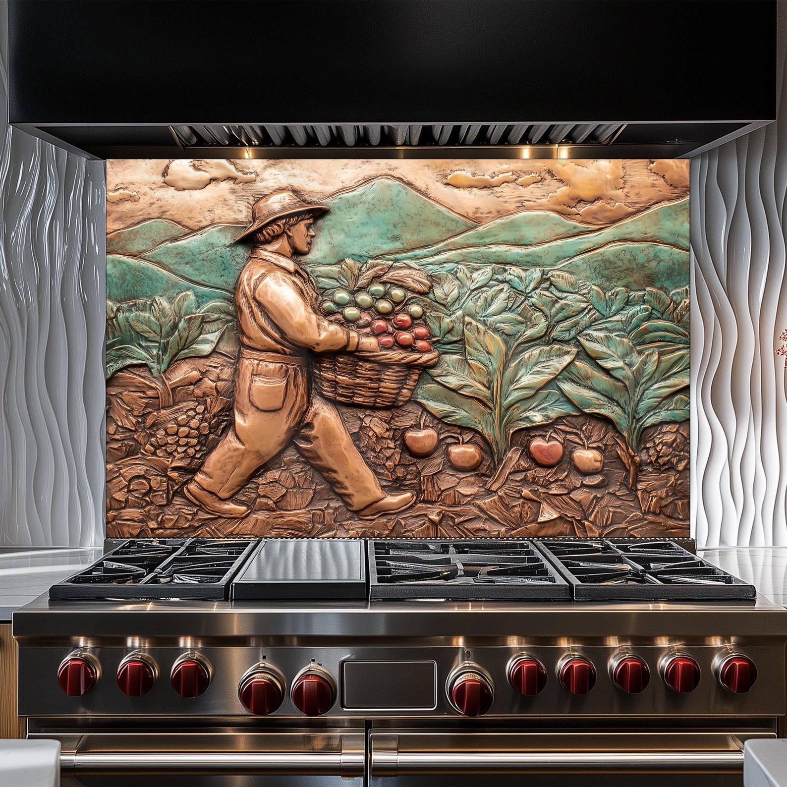 Kitchen Backsplash Tempered Glass, Farmer Figure Copper Design Kitchen ...