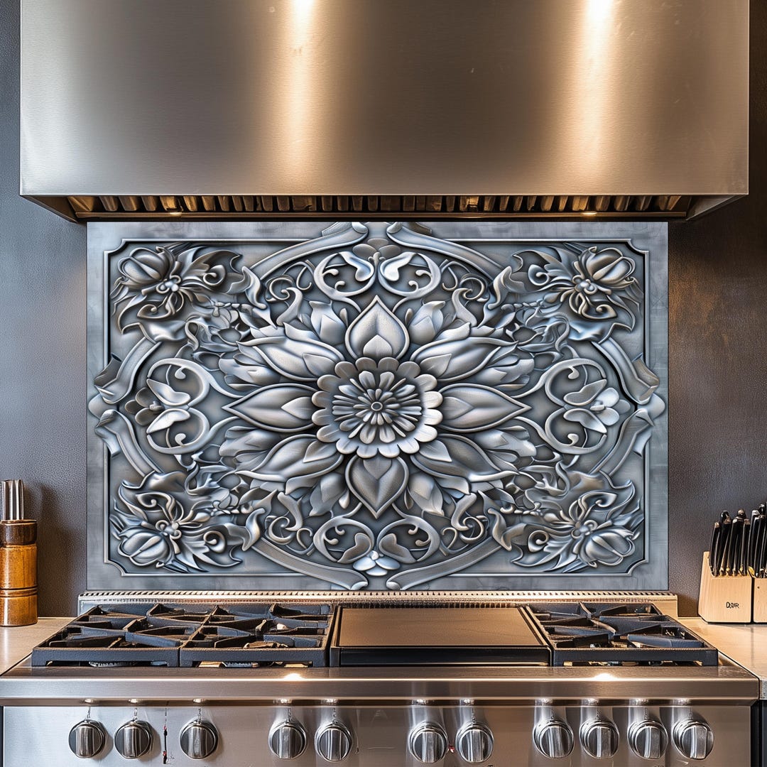 Ottoman Tile Tempered Glass Kitchen Backsplash: Silver Relief Design - Etsy