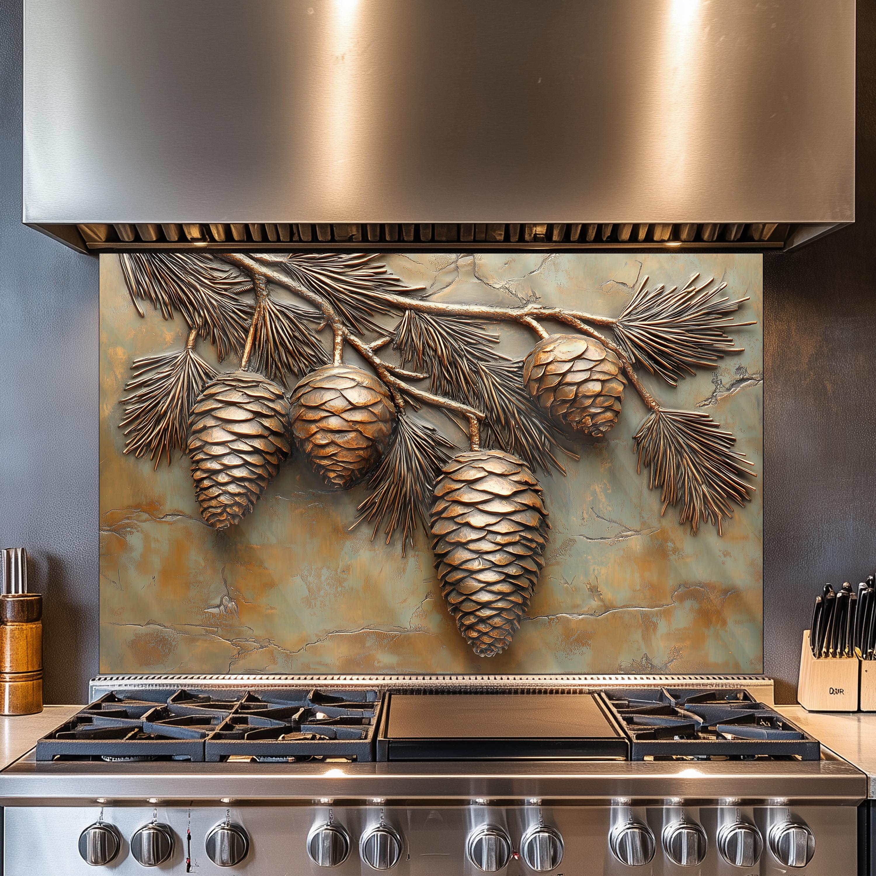 Pine Cones Design Kitchen Backsplash, Tempered Glass Backsplash, Copper ...