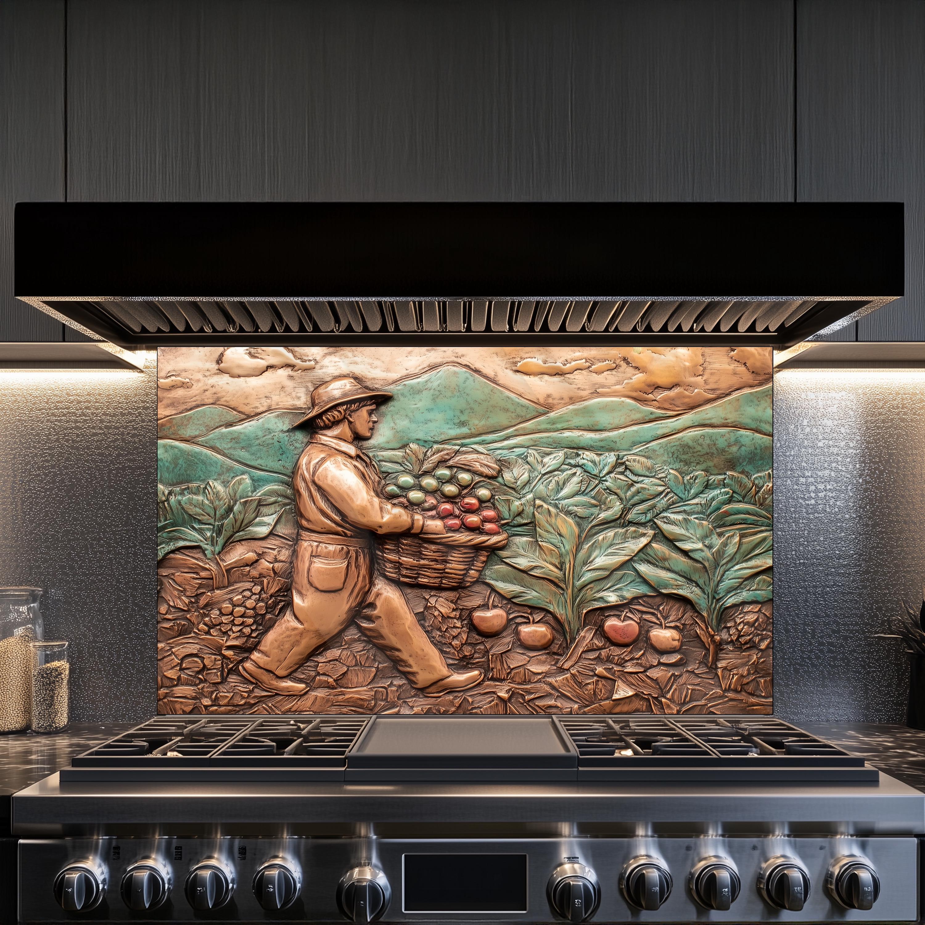 Kitchen Backsplash Tempered Glass, Farmer Figure Copper Design Kitchen ...