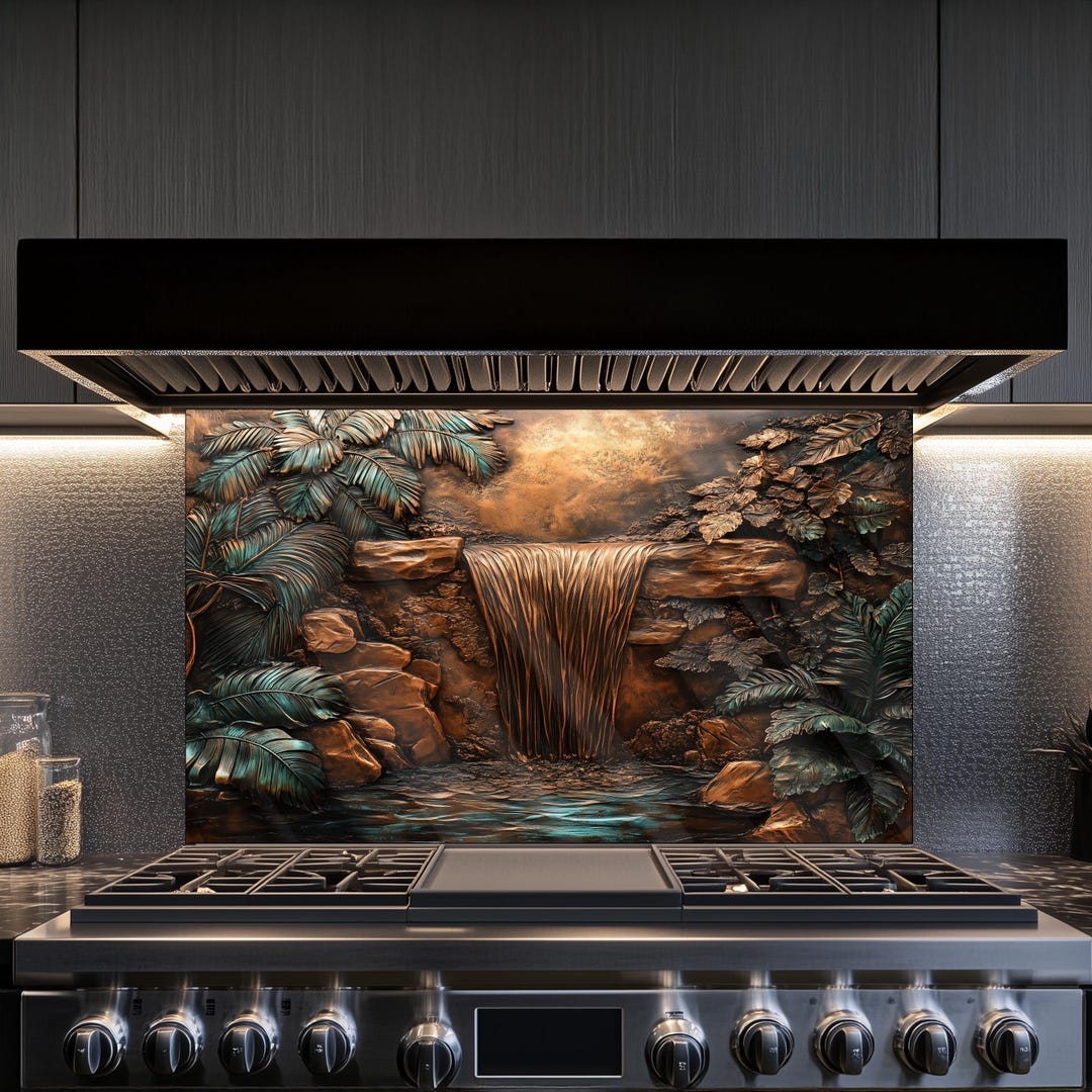 Waterfall Cascading Into a Forest Pool Kitchen Backsplash, Tempered ...