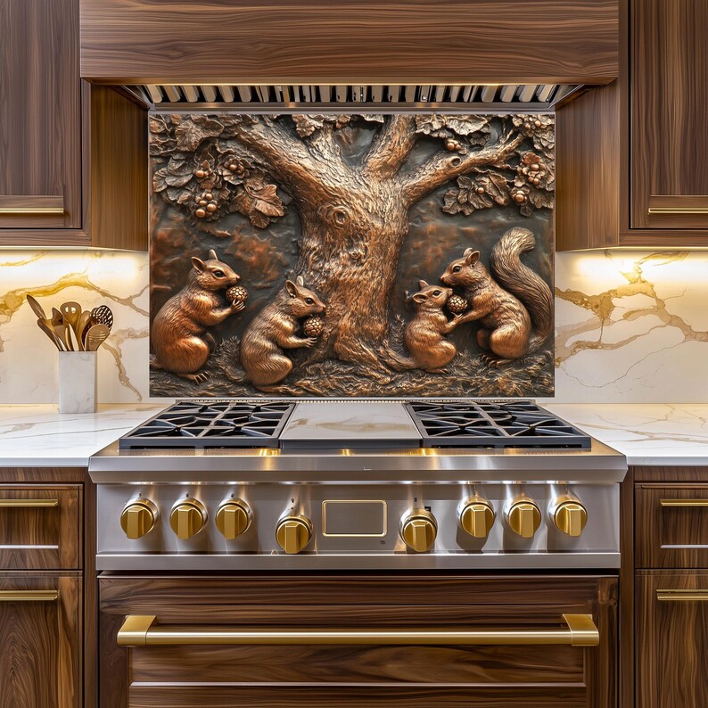 A Group of Squirrels Copper Look Kitchen Backsplash, Tempered Glass ...