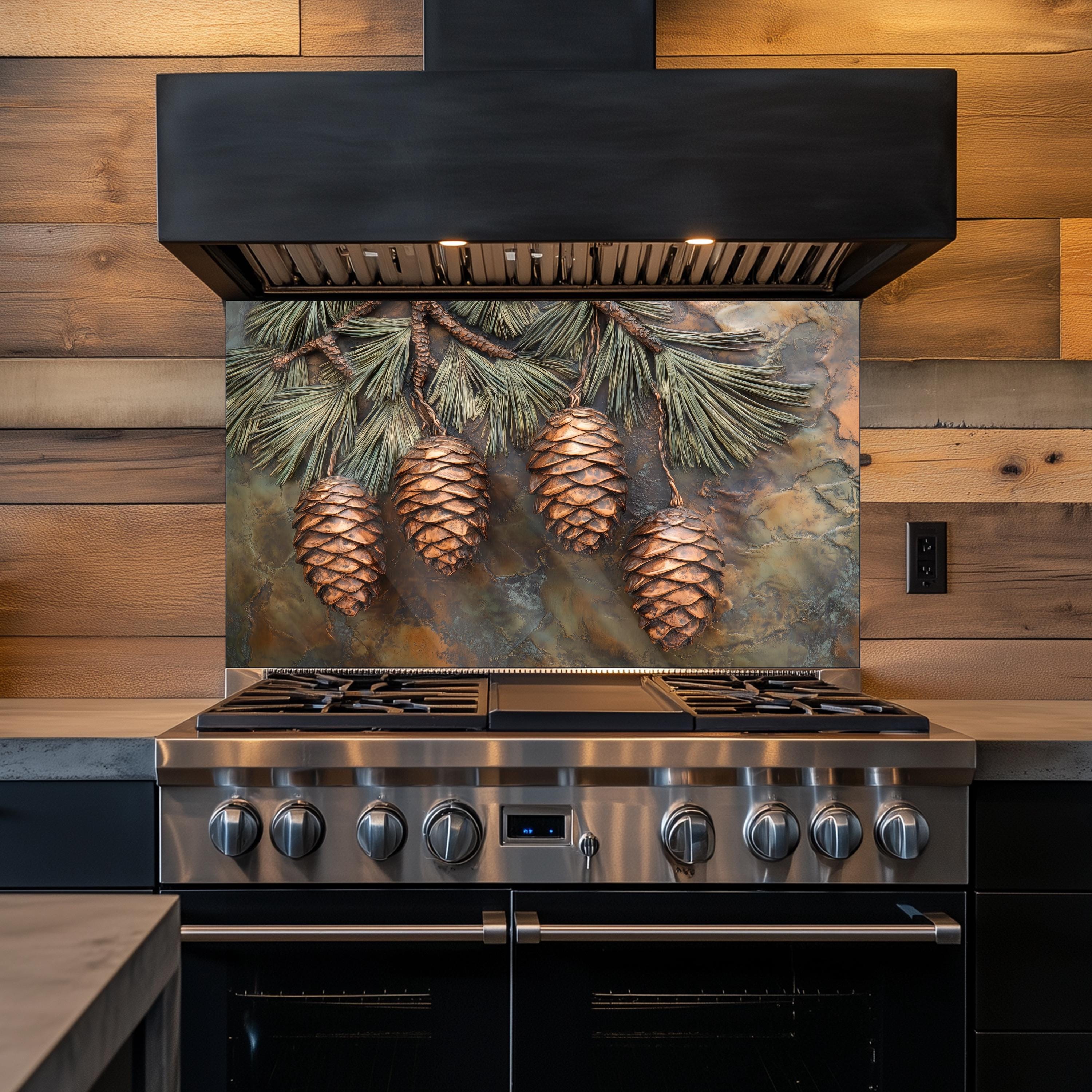 Pine Cones Design Kitchen Backsplash, Tempered Glass Backsplash, Copper ...