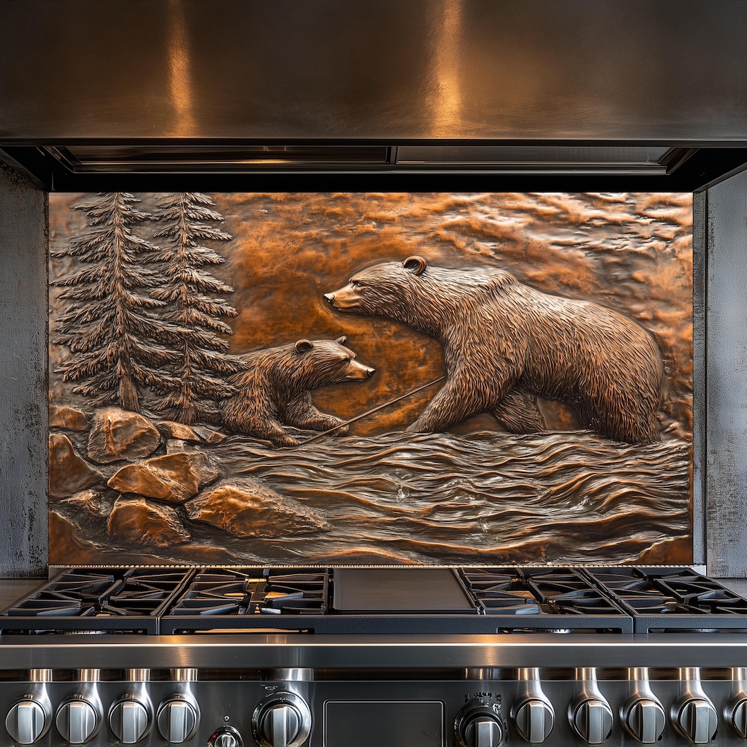 Two Big Grizzly Bears Design Kitchen Backsplash, Tempered Glass ...