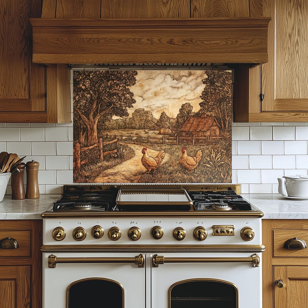 Farmhouse Garden With Chickens Roaming Backsplash, Tempered Glass ...