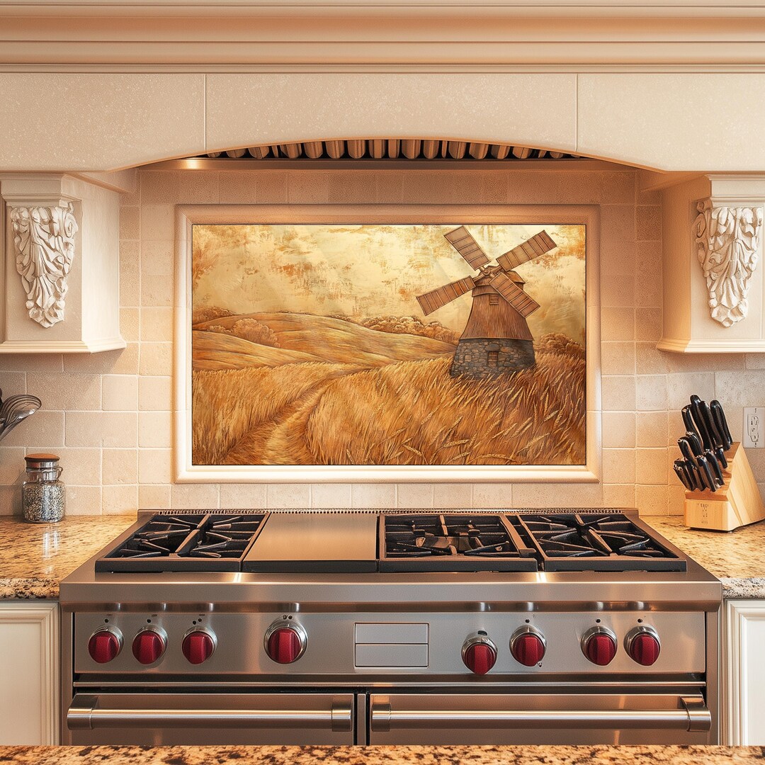 Old Fashioned Windmill Kitchen Backsplash, Tempered Glass Backsplash ...