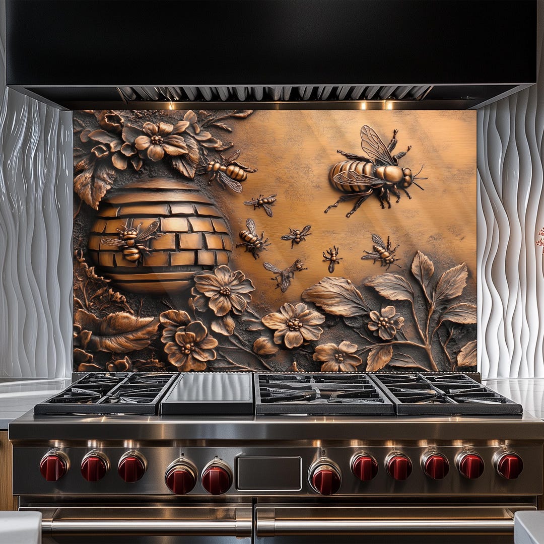 Bees and Honeycomb Kitchen Backsplash, Tempered Glass Backsplash ...