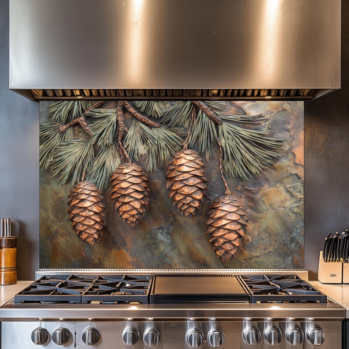 Pine Cones Design Kitchen Backsplash, Tempered Glass Backsplash, Copper ...