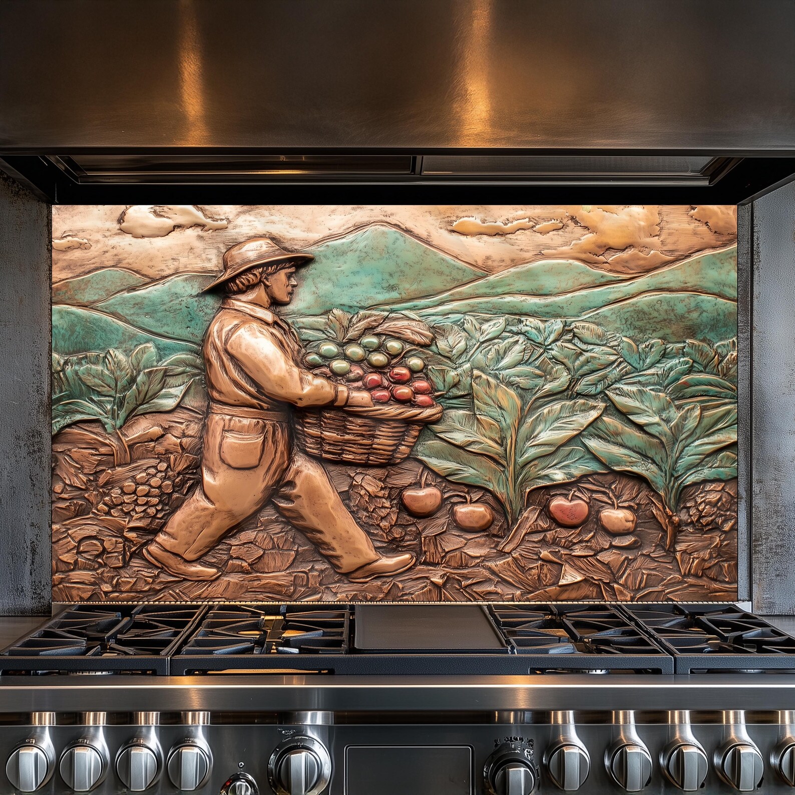 Kitchen Backsplash Tempered Glass, Farmer Figure Copper Design Kitchen ...