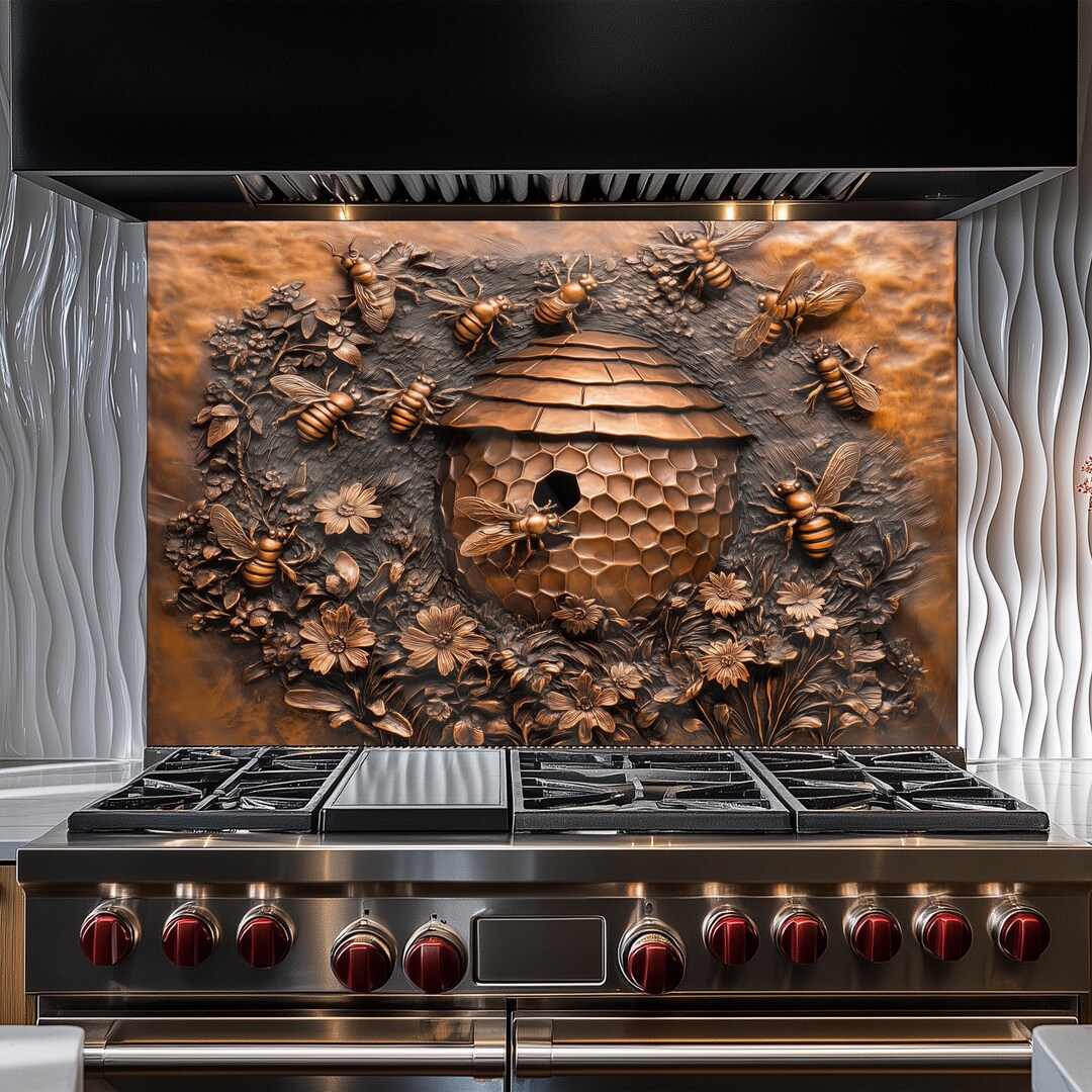 Bees and Honeycomb Kitchen Backsplash, Tempered Glass Backsplash ...