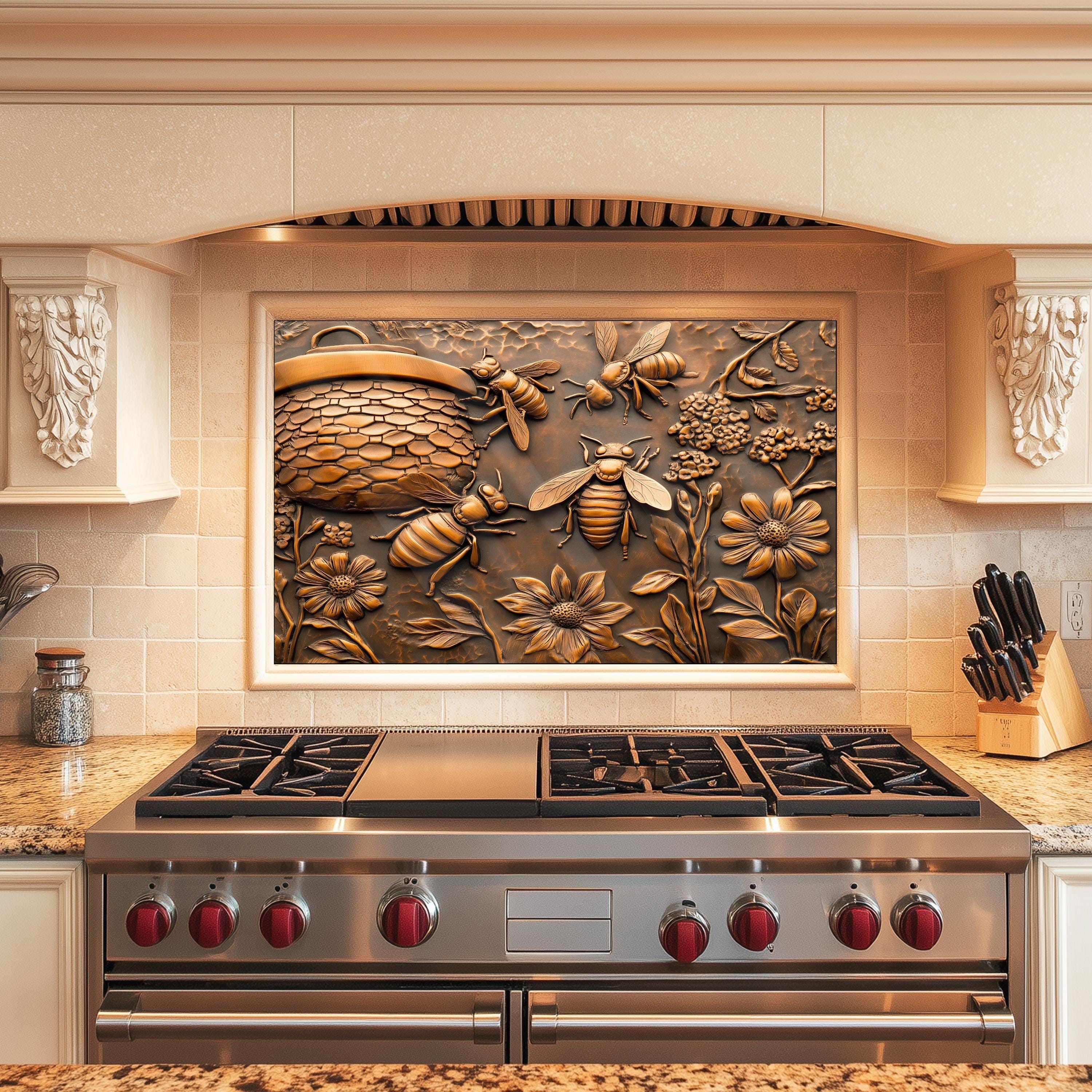 Bees and Honeycomb Kitchen Backsplash, Tempered Glass Backsplash ...