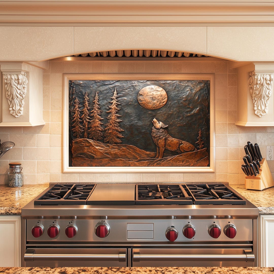 Wolf and Moon Kitchen Backsplash, Tempered Glass Backsplash Behind ...