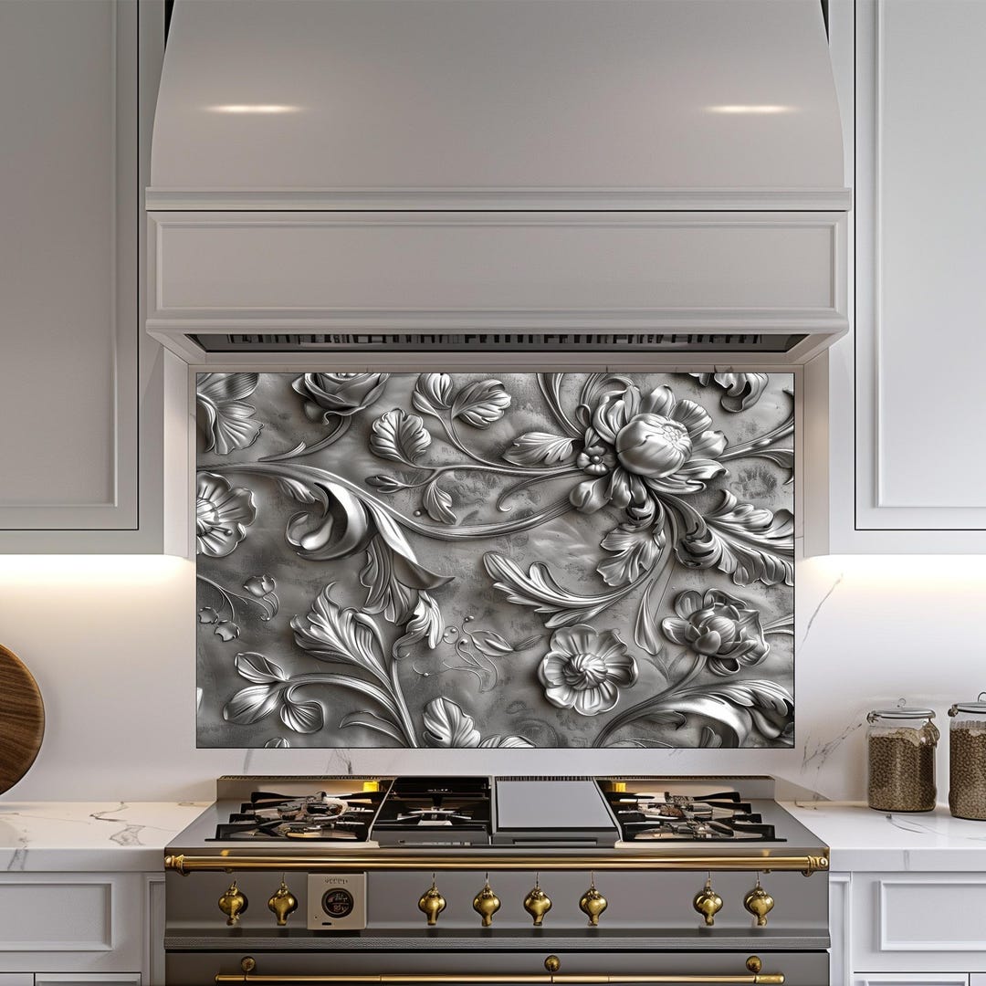Baroque Kitchen Backsplash: Tempered Glass Silver Relief, Heat ...