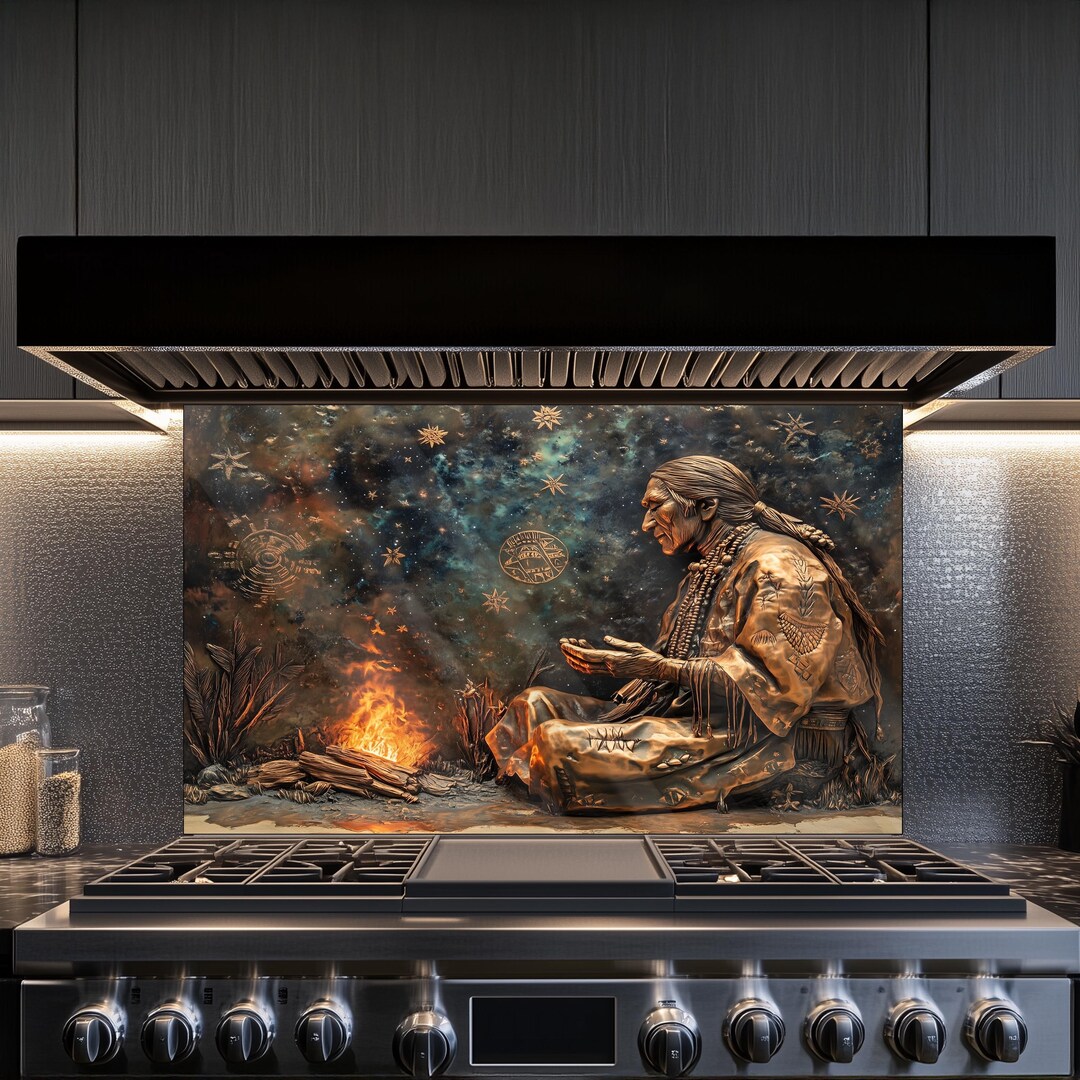 Praying Native American Kitchen Backsplash, Tempered Glass Backsplash ...