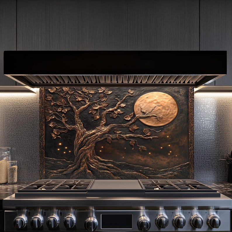 Mystical Forest Glade Design Kitchen Backsplash, Full Moon, Tempered ...