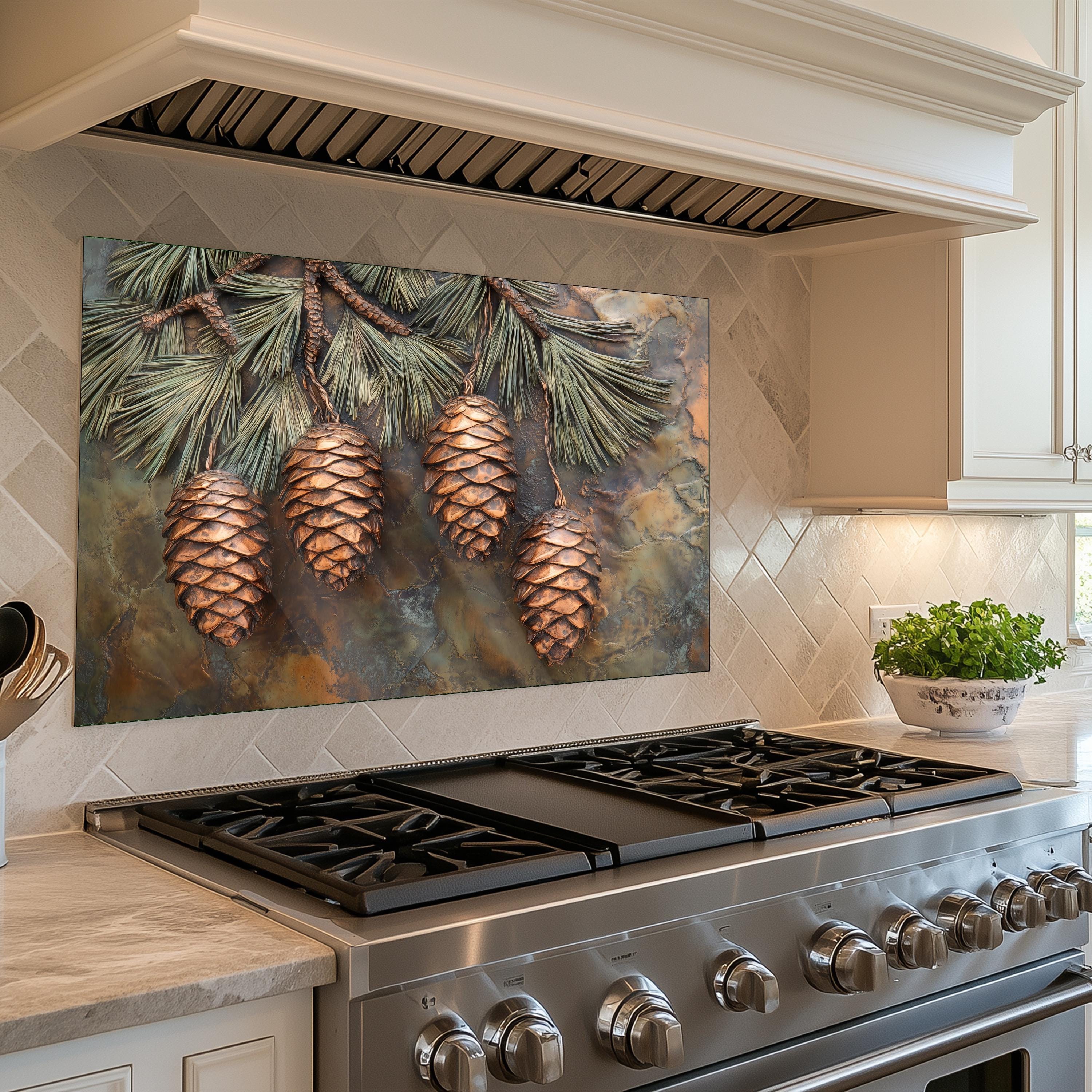 Pine Cones Design Kitchen Backsplash, Tempered Glass Backsplash, Copper ...