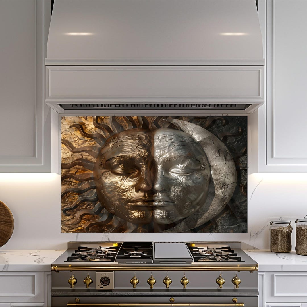 Sun and Moon Faces Kitchen Backsplash, Backsplash Ideas, Tempered Glass ...