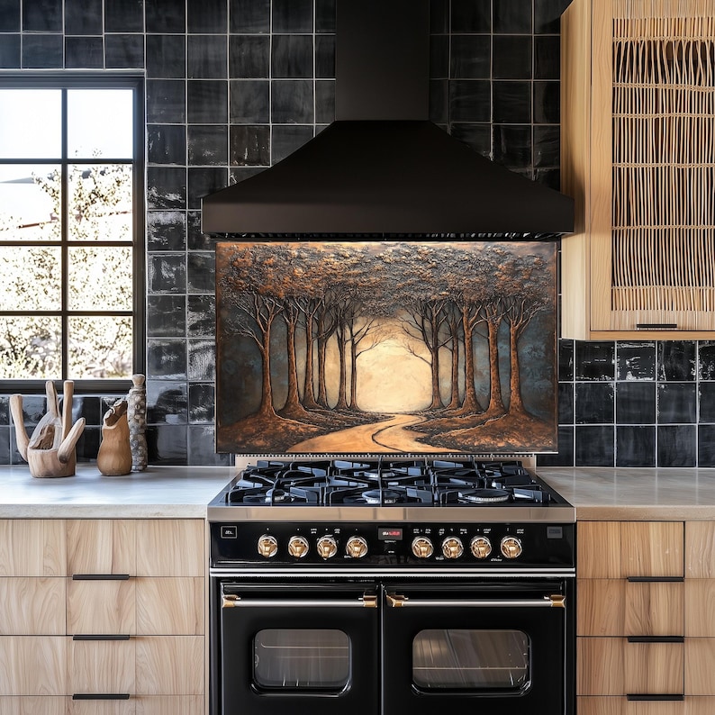 Forest Themed Art Design Kitchen Backsplash, Tempered Glass Backsplash ...