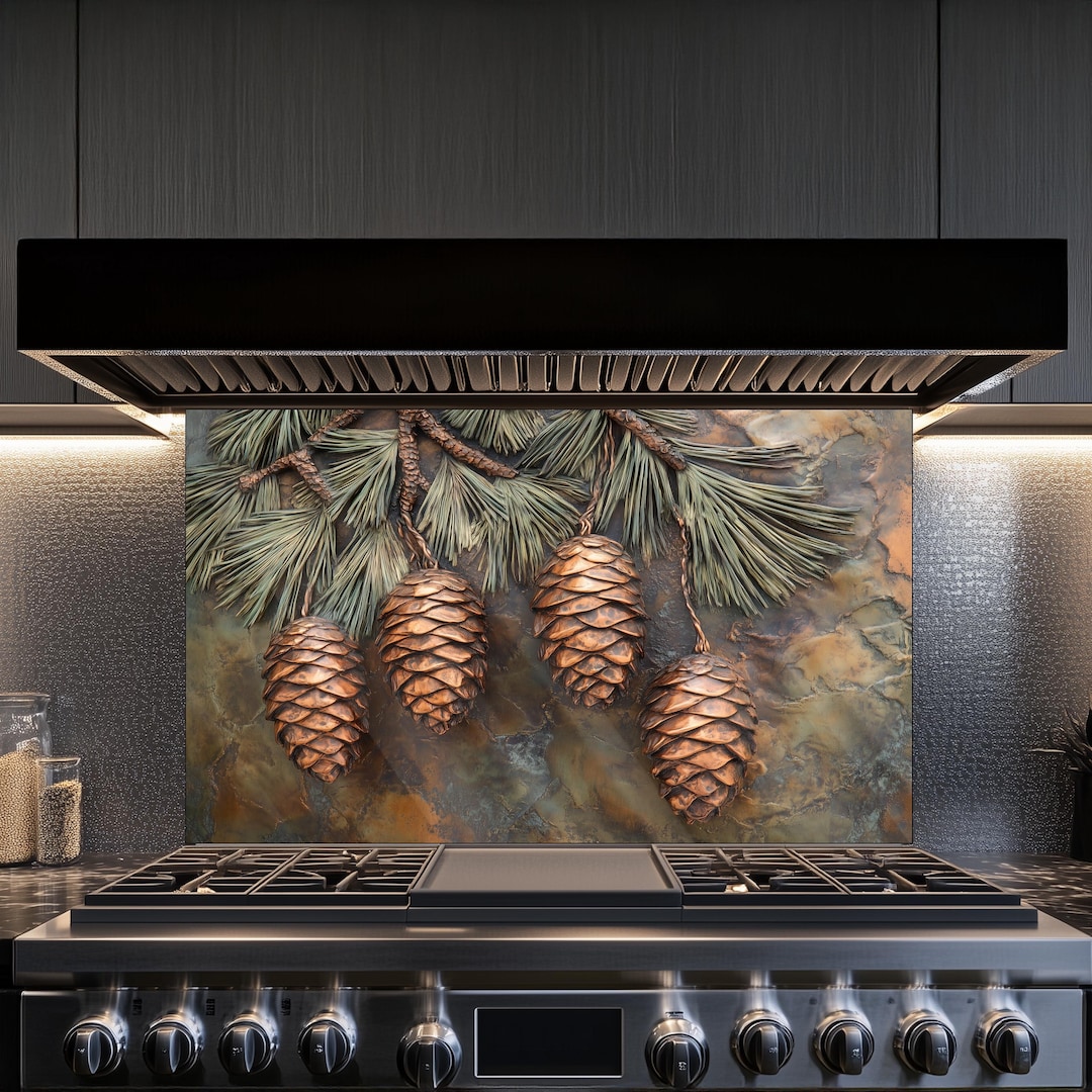 Pine Cones Design Kitchen Backsplash, Tempered Glass Backsplash, Copper ...