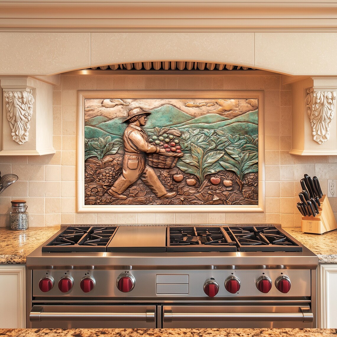 Kitchen Backsplash Tempered Glass, Farmer Figure Copper Design Kitchen ...