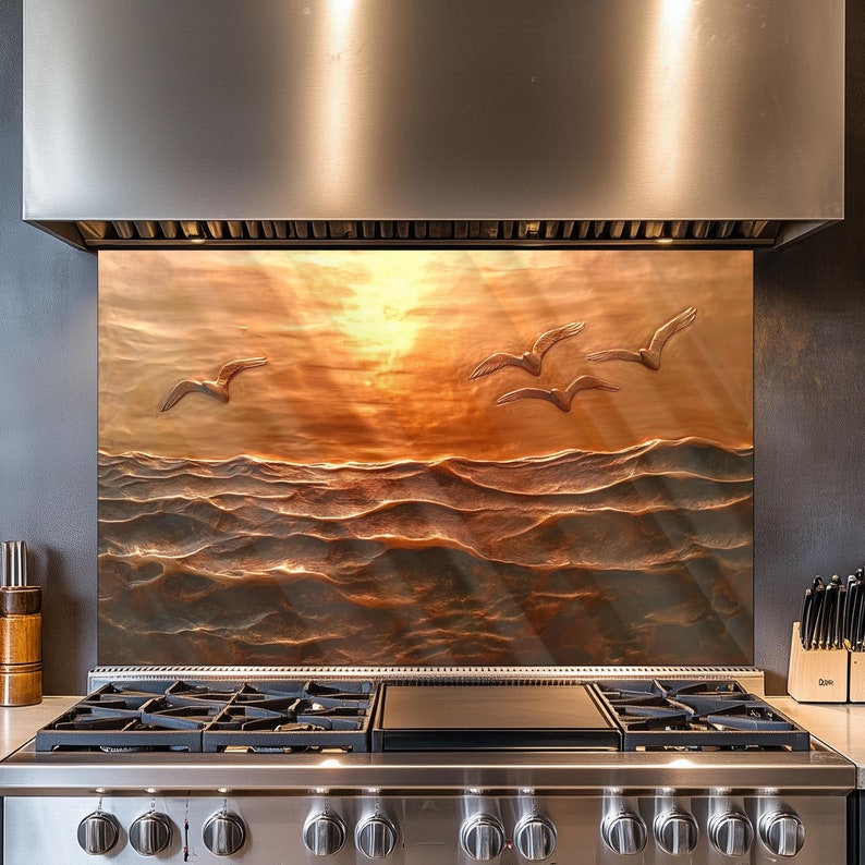 Kitchen Backsplash Behind Stove Tempered Glass , Sunset Flying Birds ...