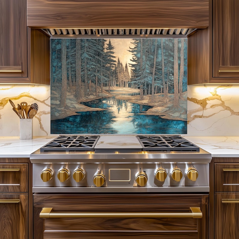 Forest Stream Winding Through a Grove Kitchen Backsplash, Tempered ...