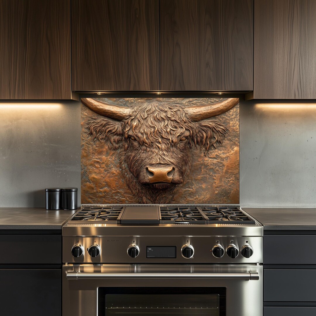 Close up of a Highland Cows Face Kitchen Backsplash, Tempered Glass ...